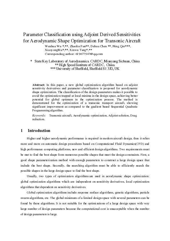 (PDF) Parameter Classification using Adjoint Derived Sensitivities for Aerodynamic Shape ...