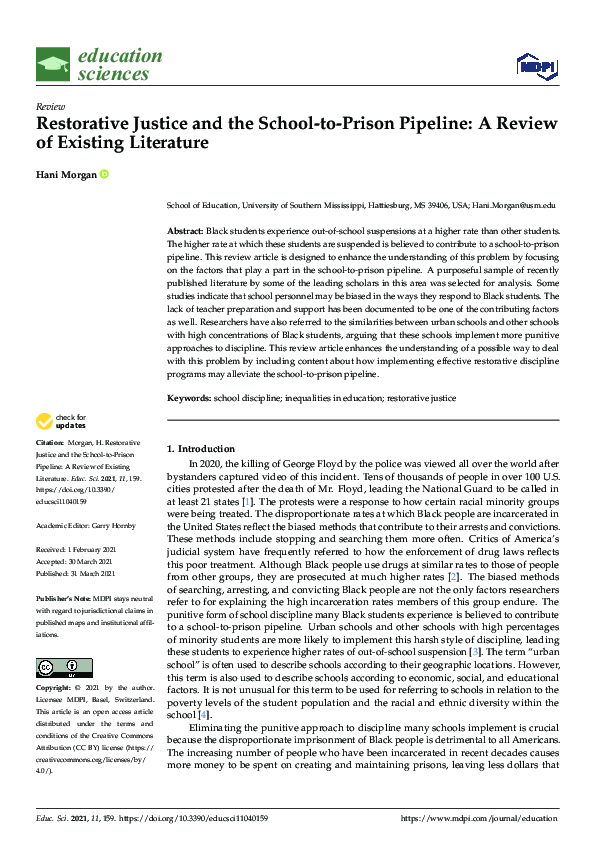 (PDF) Restorative Justice and the School-to-Prison Pipeline: A Review of Existing Literature