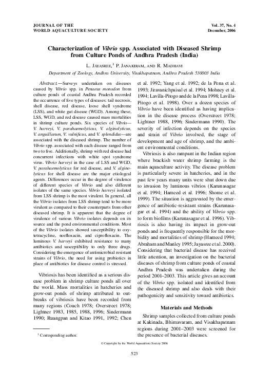 Pdf Characterization Of Vibrio Spp Associated With Diseased Shrimp