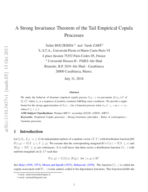 (PDF) A Strong Invariance Theorem of the Tail Empirical Copula Processes