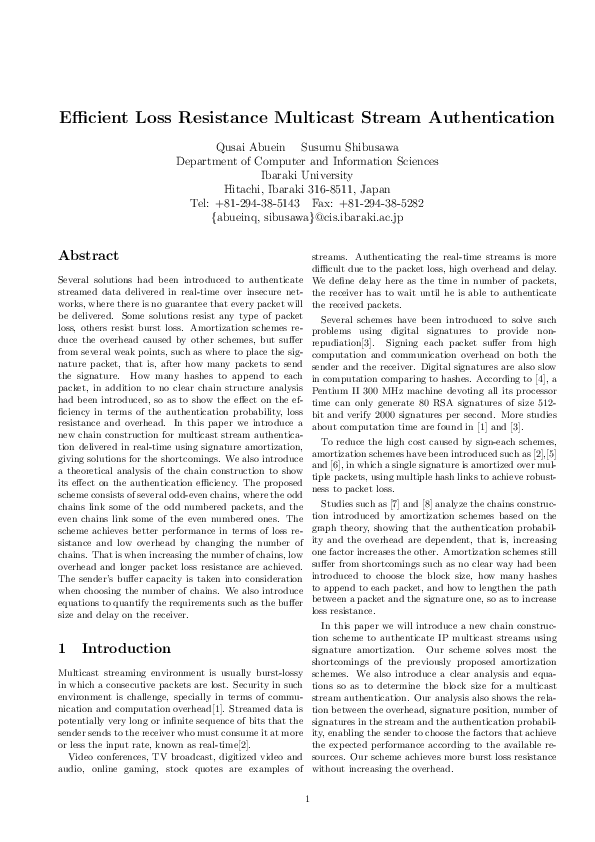 (PDF) Efficient Loss Resistance Multicast Stream Authentication