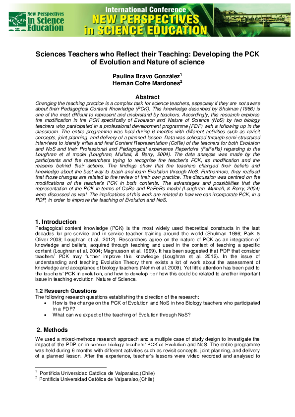 (PDF) Teachers who Reflect their Teaching : Developing the PCK of Evolution and Nature of science