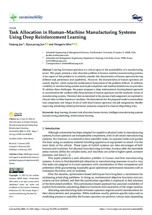 (PDF) Task Allocation in Human–Machine Manufacturing Systems Using Deep Reinforcement Learning