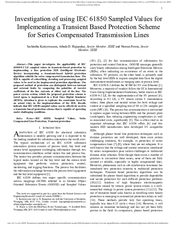 Pdf Investigation Of Using Iec 61850 Sampled Values For Implementing A Transient Based