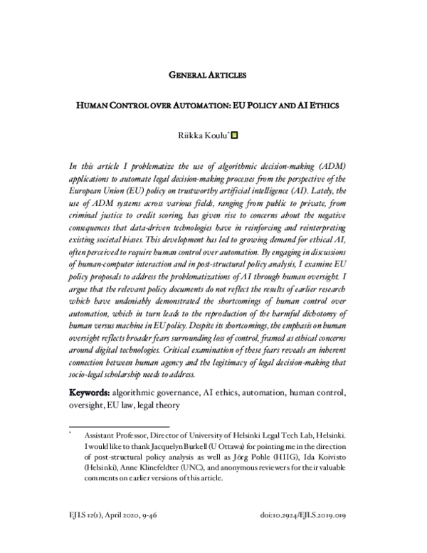 (PDF) Human control over automation : EU policy and AI ethics