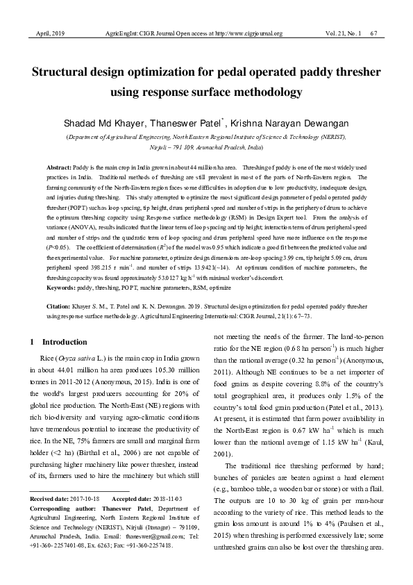 (PDF) Structural Design Optimization for Pedal Operated Paddy Thresher ...