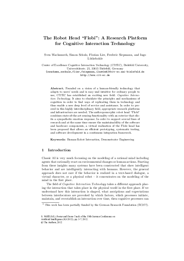 (PDF) The Robot Head “Flobi”: A Research Platform for Cognitive Interaction Technology | Sven ...