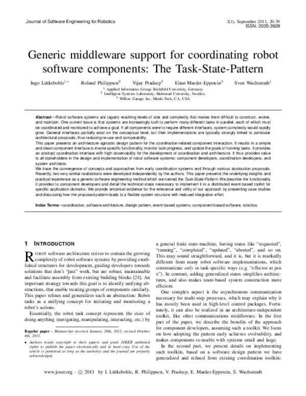 Pdf Generic Middleware Support For Coordinating Robot Software Components The Task State Pattern