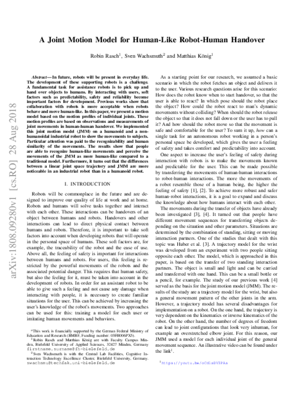 (PDF) A Joint Motion Model for Human-Like Robot-Human Handover
