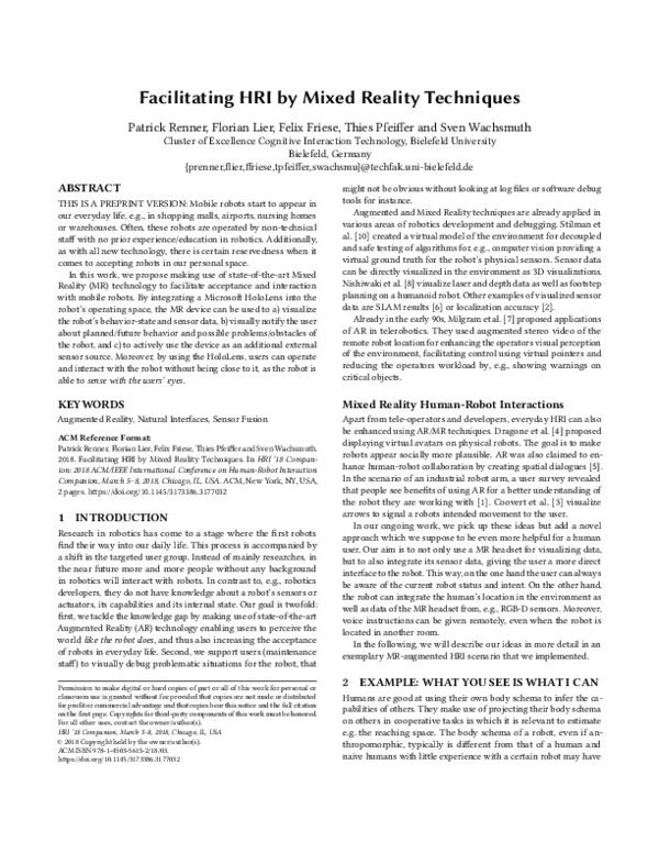 (PDF) Facilitating HRI by Mixed Reality Techniques