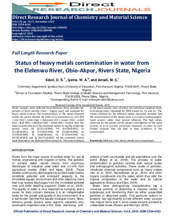 (PDF) Status of heavy metals contamination in water from the Elelenwo ...