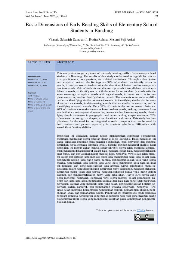 (PDF) Basic Dimensions of Early Reading Skills of Elementary School ...