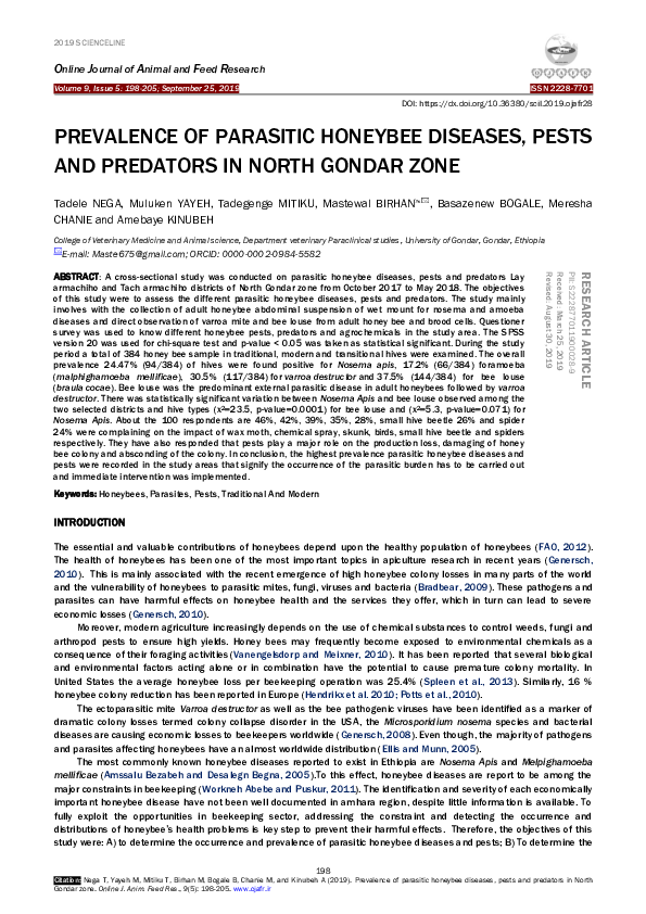 (PDF) Prevalence of parasitic honeybee diseases, pests and predators in ...