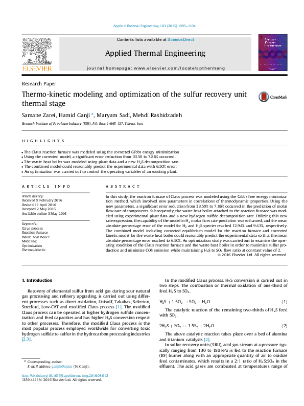 (PDF) Thermo-kinetic modeling and optimization of the sulfur recovery unit thermal stage