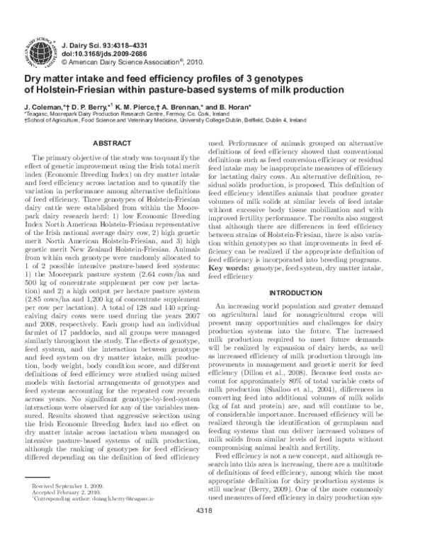 (PDF) Dry matter intake and feed efficiency profiles of 3 genotypes of ...