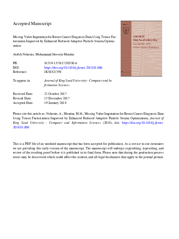 Pdf Missing Value Imputation For Breast Cancer Diagnosis Data Using Tensor Factorization