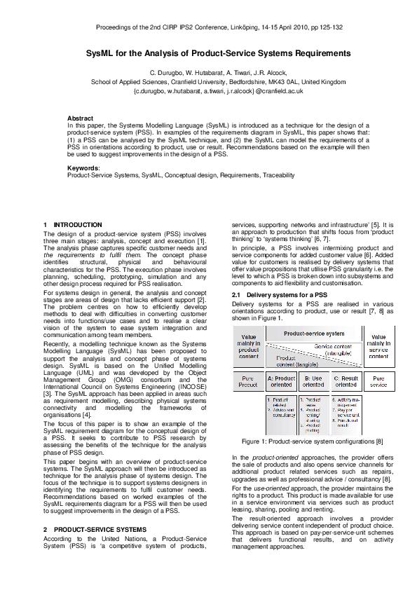 (PDF) SysML for the Analysis of Product-Service Systems Requirements