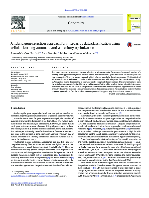 Pdf A Hybrid Gene Selection Approach For Microarray Data Classification Using Cellular