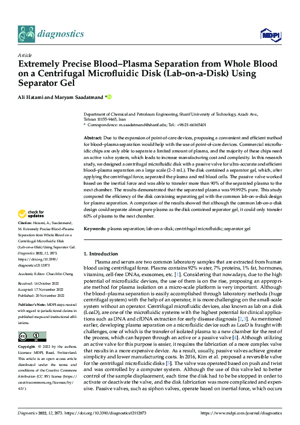 (PDF) Extremely Precise Blood–Plasma Separation from Whole Blood on a ...