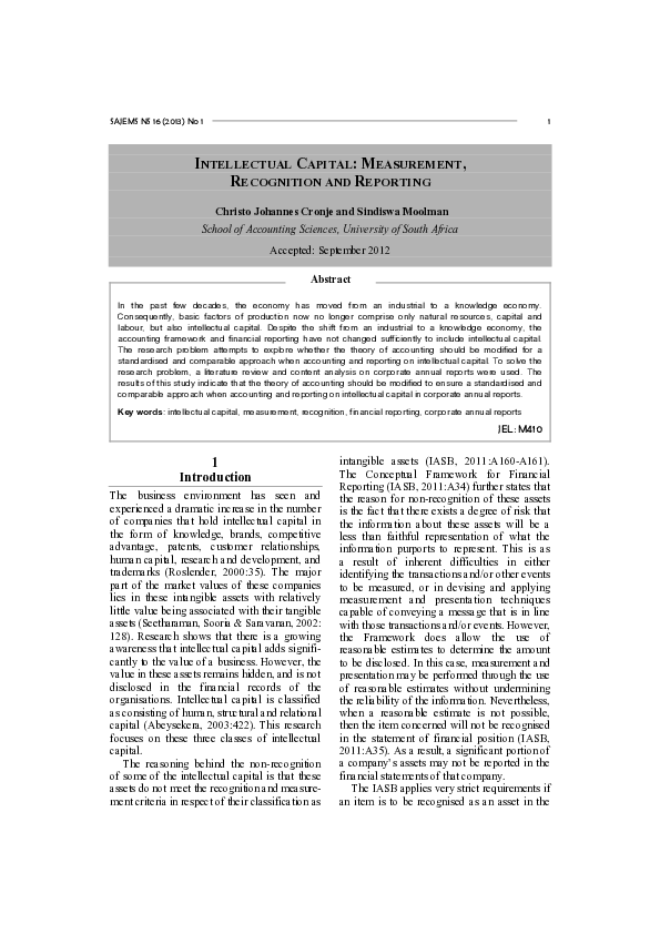 (PDF) Intellectual capital: Measurement, recognition and reporting