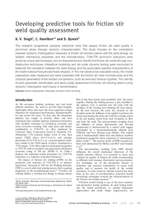 (PDF) Developing predictive tools for friction stir weld quality assessment