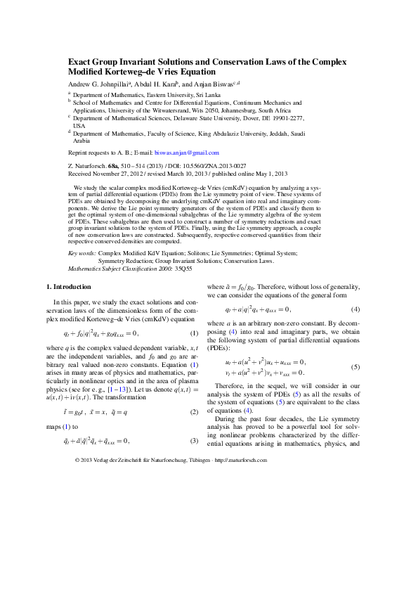 (PDF) Exact Group Invariant Solutions and Conservation Laws of the ...