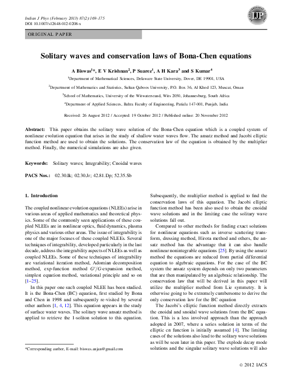 (PDF) Solitary waves and conservation laws of Bona-Chen equations
