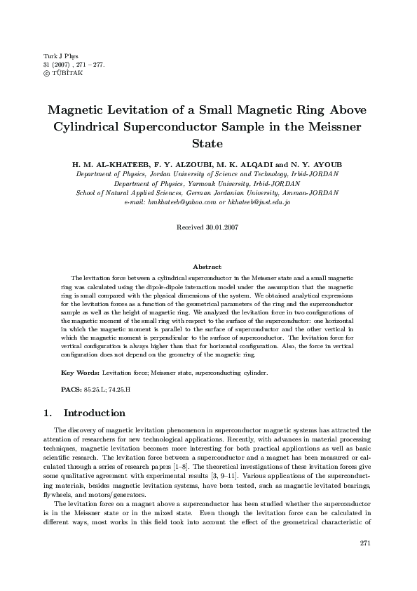 (PDF) Magnetic Levitation of a Small Magnetic Ring Above Cylindrical ...
