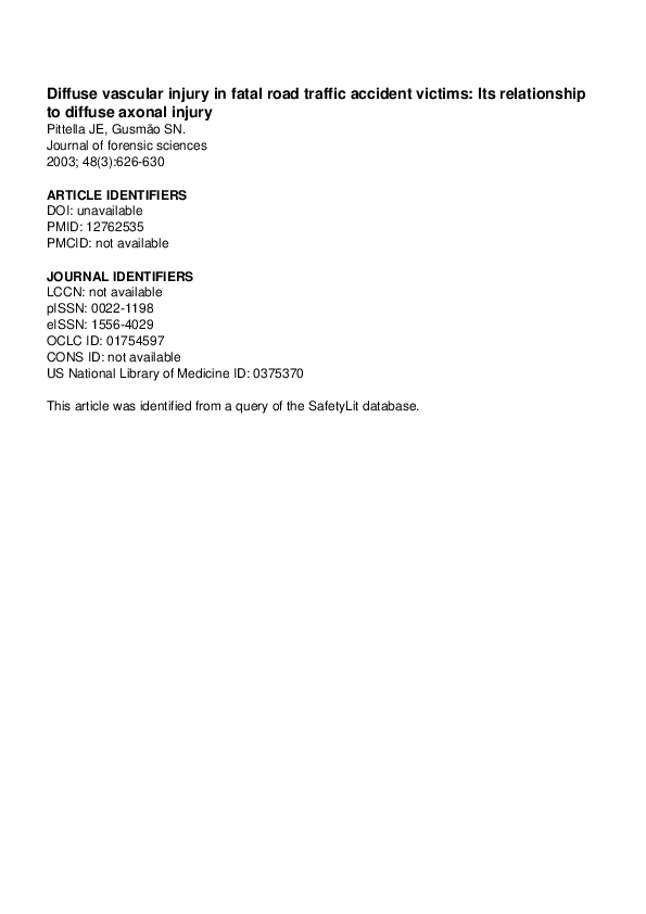 (PDF) Diffuse Vascular Injury in Fatal Road Traffic Accident Victims ...