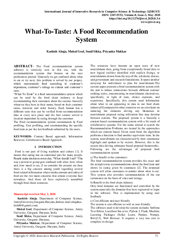 (PDF) What-To-Taste: A Food Recommendation System
