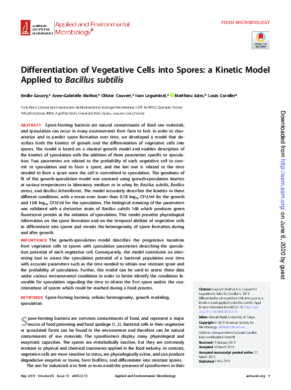 (PDF) Differentiation of Vegetative Cells into Spores: a Kinetic Model ...