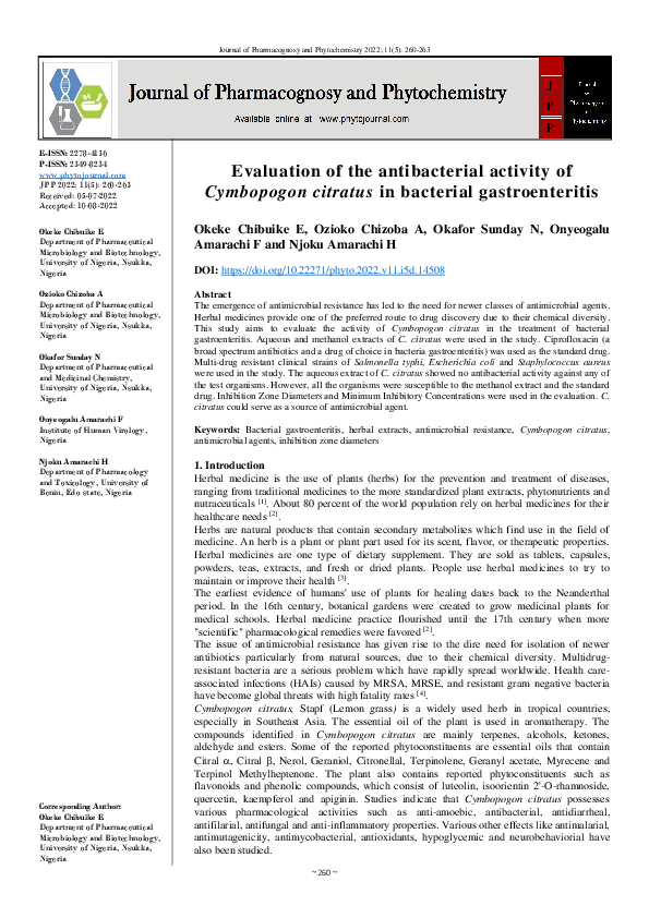 (PDF) Evaluation of the antibacterial activity of Cymbopogon citratus in bacterial gastroenteritis