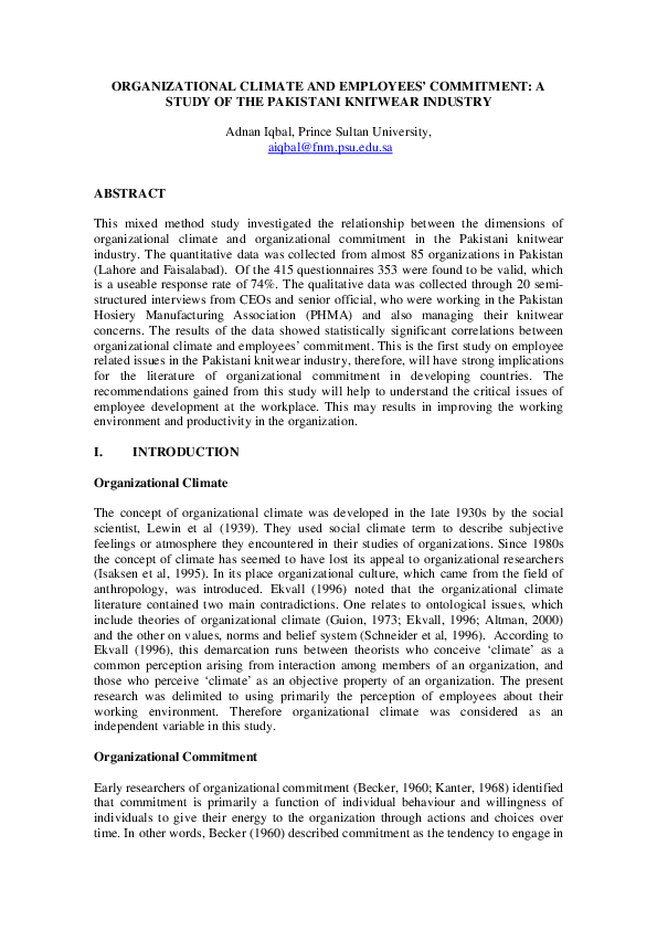(PDF) Organizational climate and employees' commitment