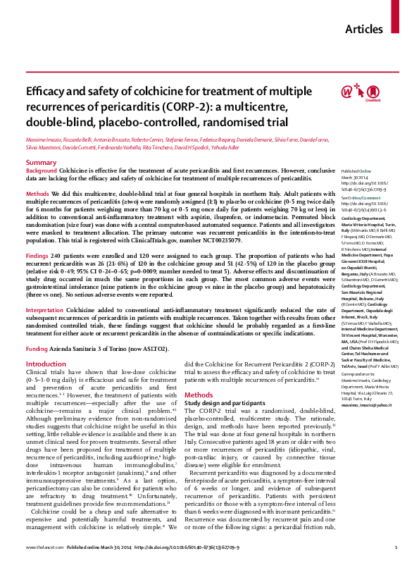 (PDF) Efficacy and safety of colchicine for treatment of multiple recurrences of pericarditis ...