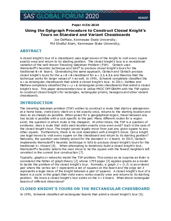 (PDF) Using the Optgraph Procedure to Construct Closed Knight’s Tours on Standard and Variant ...