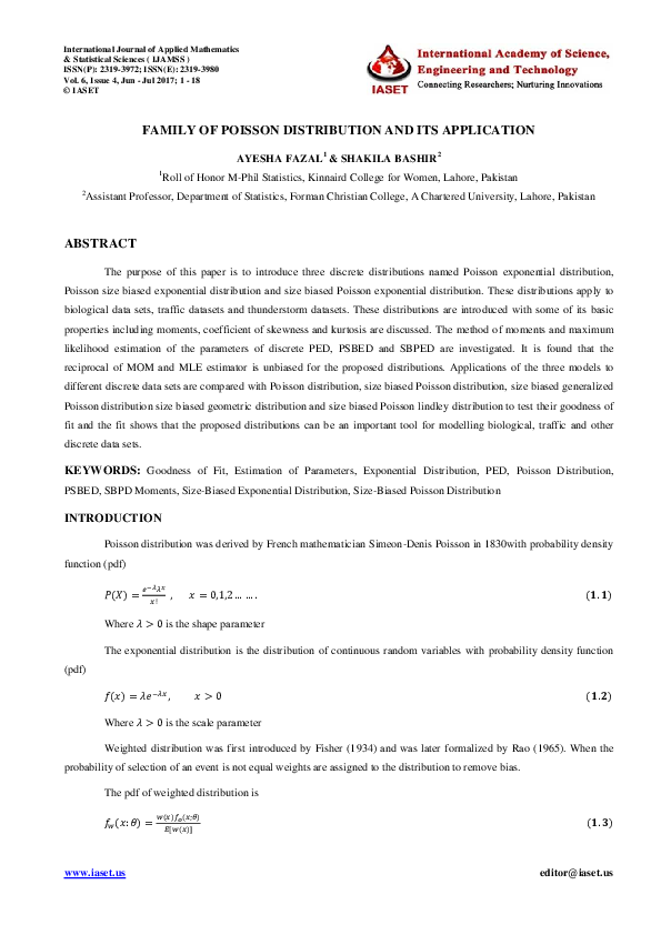 (PDF) FAMILY OF POISSON DISTRIBUTION AND ITS APPLICATION