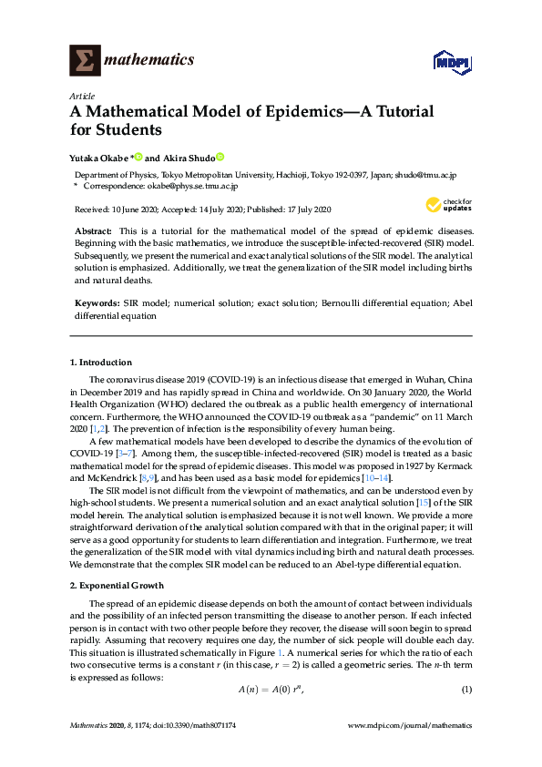 (PDF) A Mathematical Model of Epidemics—A Tutorial for Students