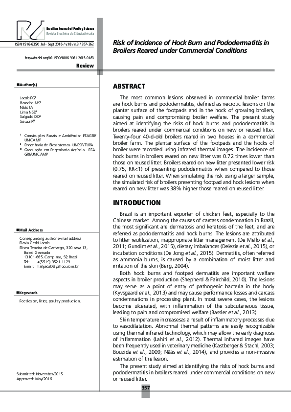 (PDF) Risk of Incidence of Hock Burn and Pododermatitis in Broilers ...