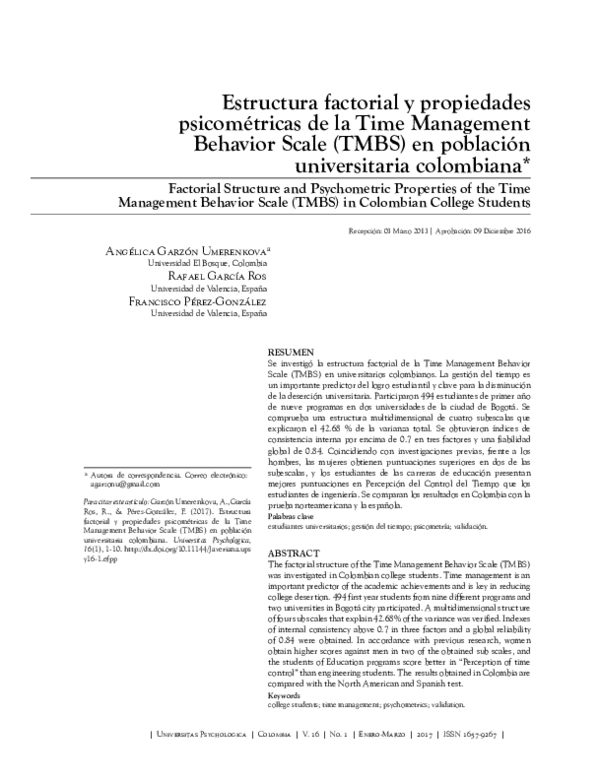 (PDF) CUESTIONARIO DE GESTIÓN DEL TIEMPO- en español. Anexo al artículo ...