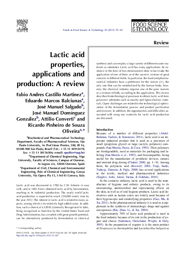 (PDF) Lactic acid properties, applications and production: A review
