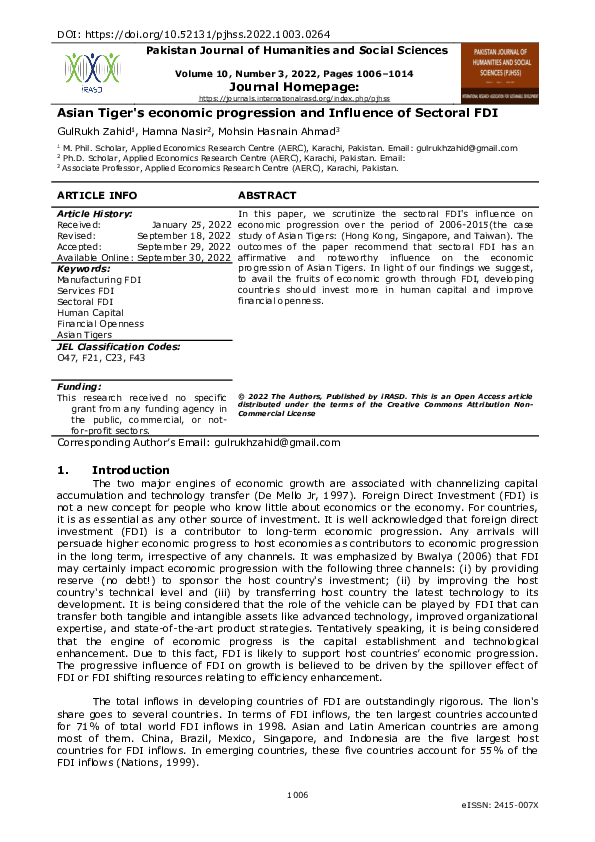 (PDF) Asian Tiger's economic progression and Influence of Sectoral FDI