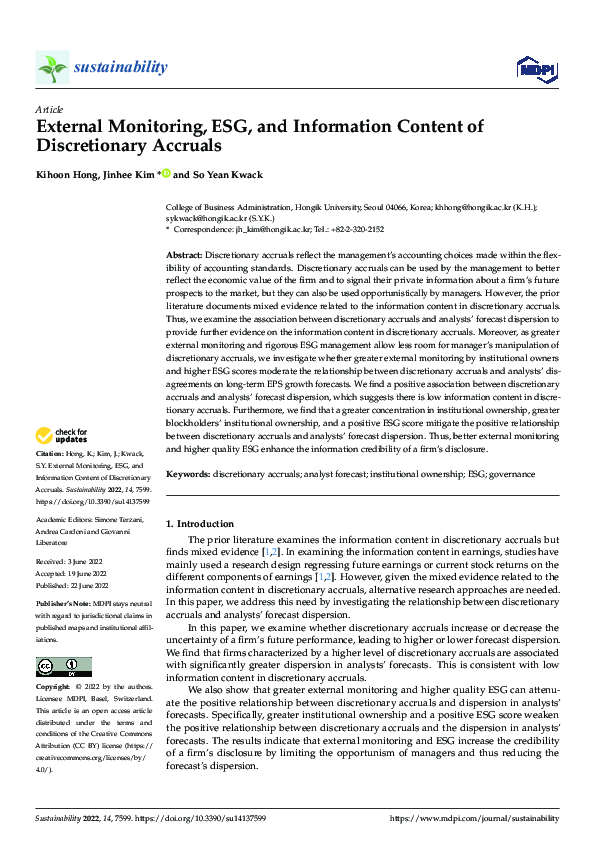 (PDF) External Monitoring, ESG, and Information Content of ...