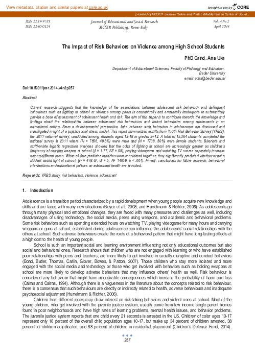 (PDF) The Impact of Risk Behaviors on Violence among High School Students