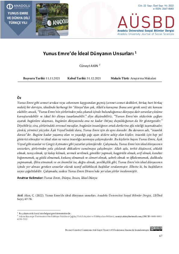 (PDF) Yunus Emre’de İdeal Dünyanın Unsurları