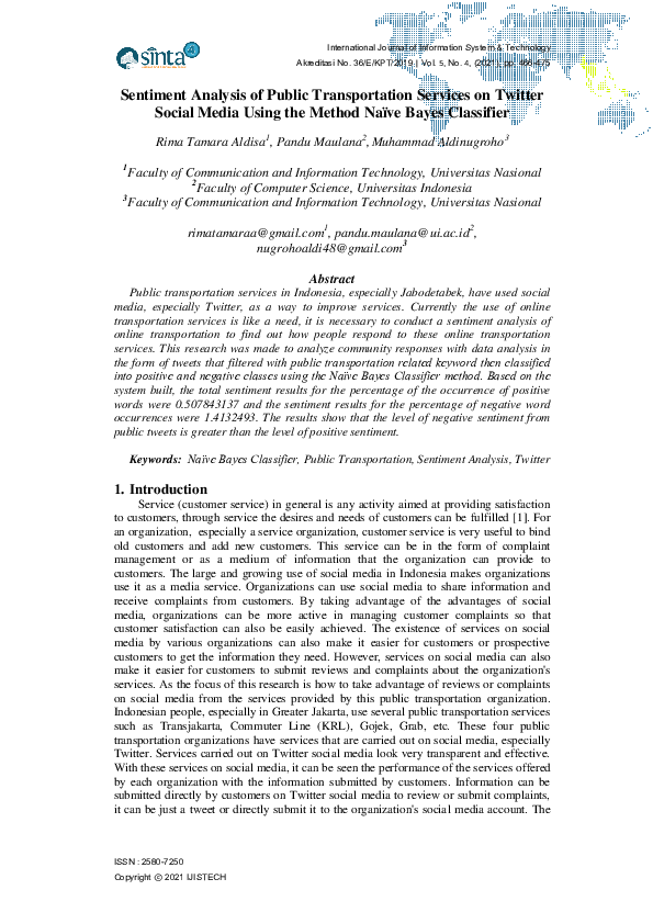 Pdf Sentiment Analysis Of Public Transportation Services On Twitter Social Media Using The