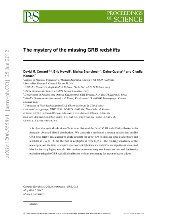 (PDF) The mystery of the missing GRB redshifts | dafne guetta ...