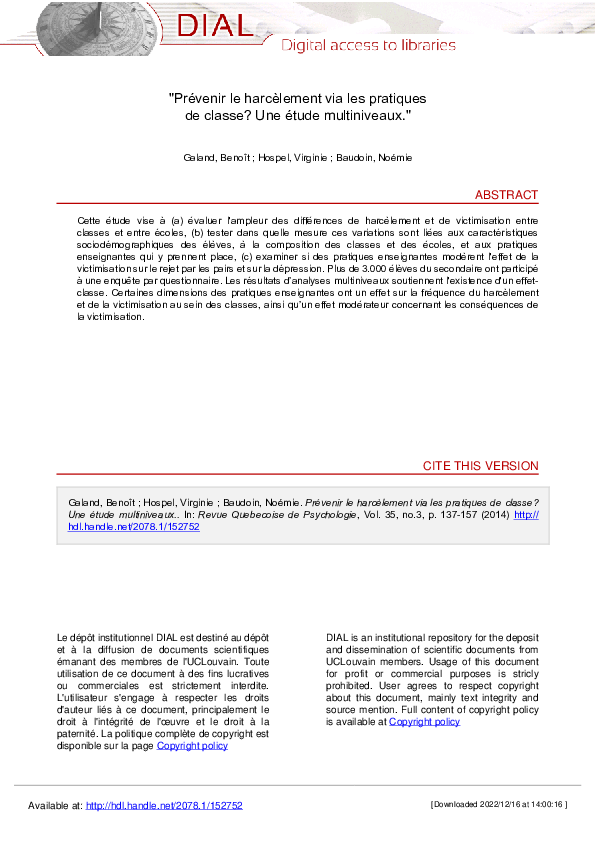 (PDF) Prévenir le harcèlement via les pratiques de classe? Une étude ...