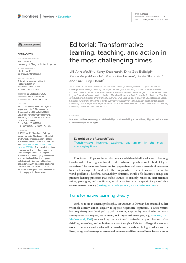 (PDF) Editorial: Transformative learning, teaching, and action in the most challenging times