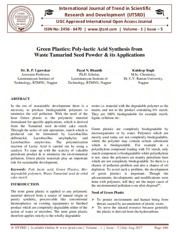 (PDF) Green Plastics: Poly-lactic Acid Synthesis from Waste Tamarind ...