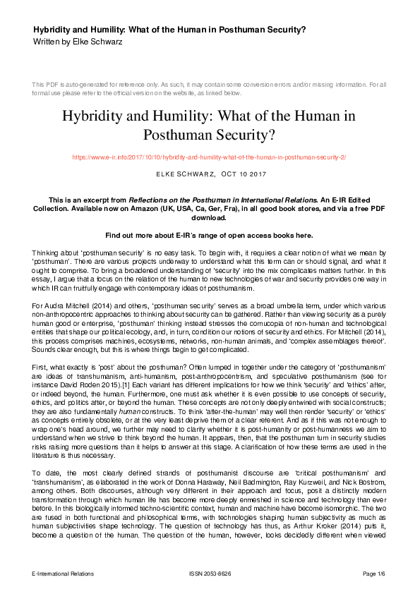 (PDF) Hybridity and Humility: What of the Human in Posthuman Security?